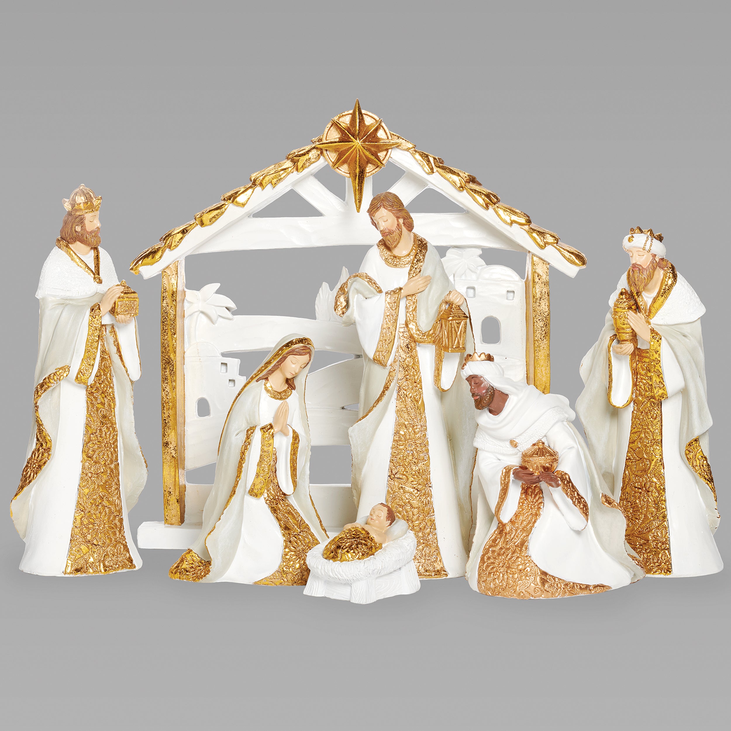 Classic White and Gold Nativity Set with Stable Backdrop