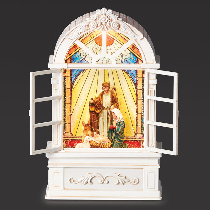 Lighted Swirl Church Window with Stained Glass Holy Family Scene - Con