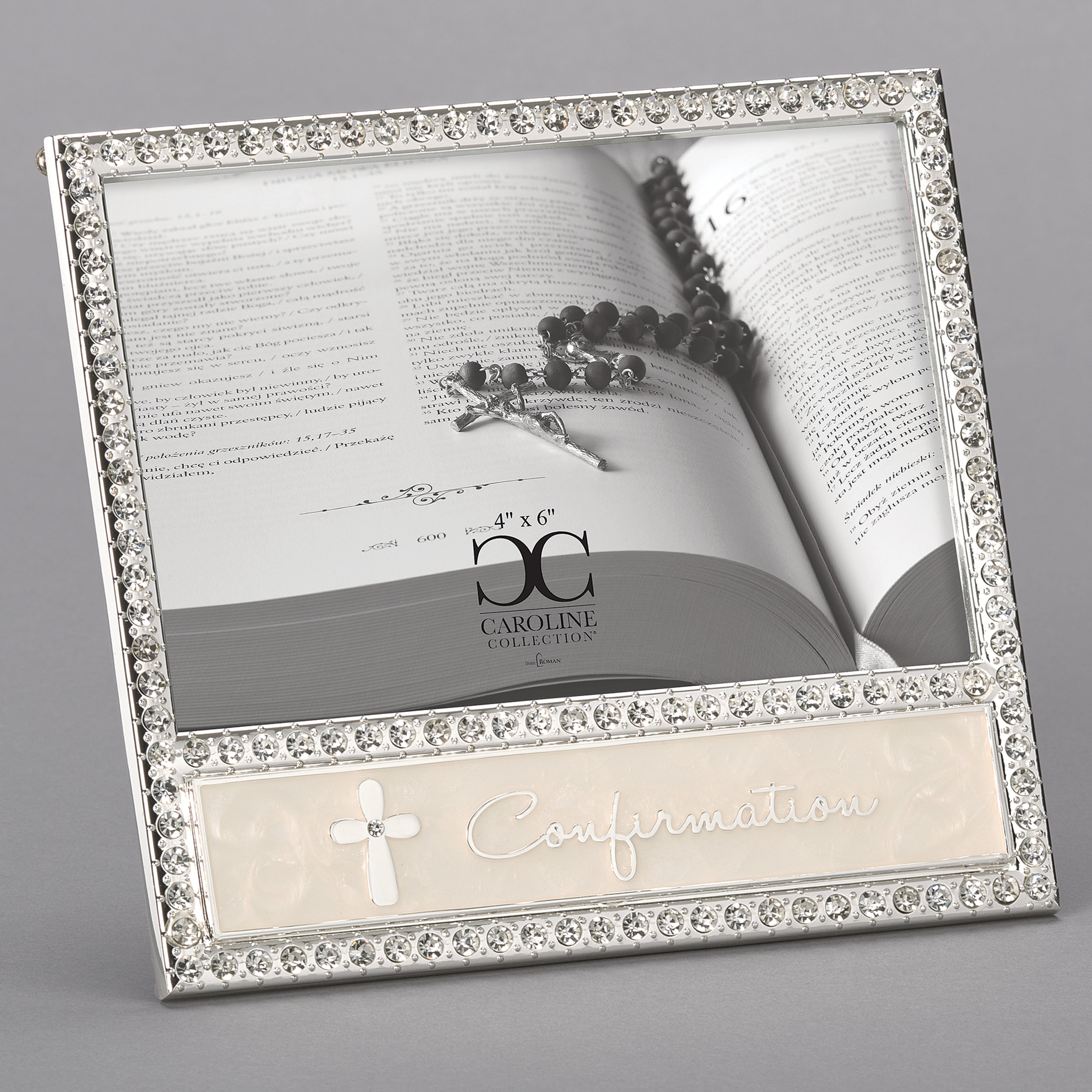 Caroline Collection Confirmation Frame with Crystal Border & Ivory Pla